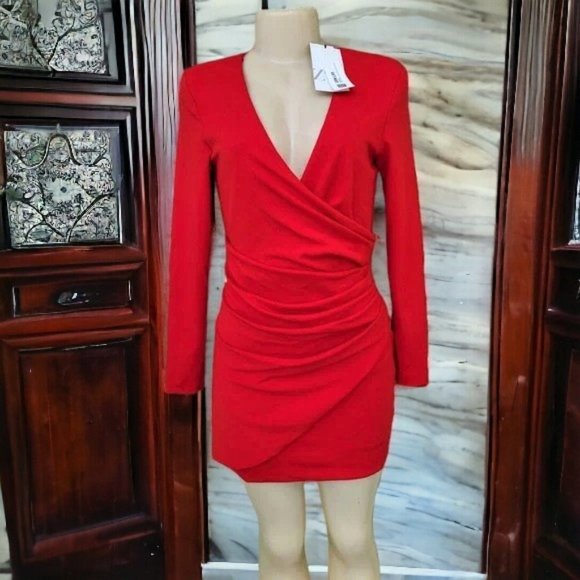 Zara | Dresses | Nwt Zara Red Draped Mini Dress Long Sleeve Small Msrp ...